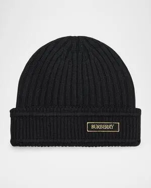 Burberry Apos;s Ribbed Wool Logo Beanie Hat - Black