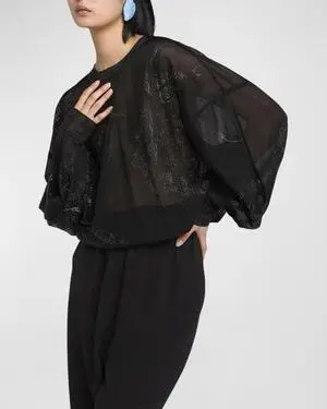 Giorgio Armani Sheer Jersey Blouse With Swarovski Crystals - Black