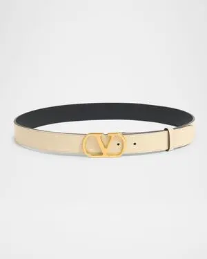 Valentino Garavani Vlogo Signature Leather Belt 30mm - Ren Butter White
