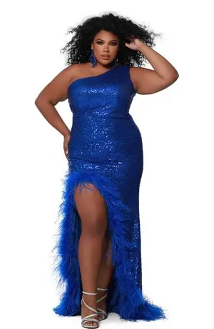 SYDNEY'S CLOSET One-shoulder Sequin And Ostrich Feather Gown - Cobalt