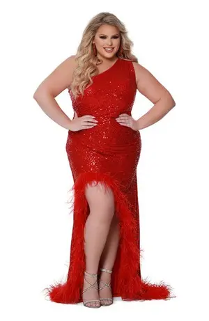 SYDNEY'S CLOSET One-shoulder Sequin And Ostrich Feather Gown - Firecracker