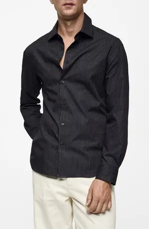 Mango Slim Fit Pinstripe Button-up Shirt Grey