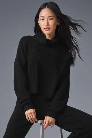 Alo Yoga Cashmere Plush Waffle Turtleneck Pullover Top - Black