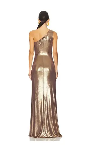 SAU LEE One-shoulder Gathered Metallic Gown With High Slit