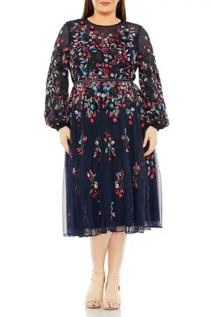 Mac Duggal Long Sleeve Beaded Cocktail Dress - Midnight
