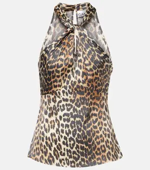 GANNI Leopard-print Halterneck Top - Brown