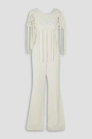 Saloni Mara Fringed Satin-trimmed Crepe Jumpsuit - Ivory