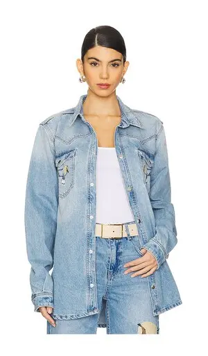 UNDERSTATED LEATHER Horsey Denim Shirt - Light Blue