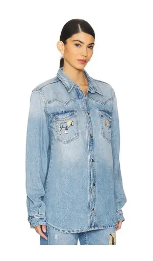 UNDERSTATED LEATHER Horsey Denim Shirt - Light Blue