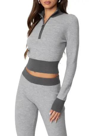 EDIKTED Lei Contrast Trim Half Zip Crop Top