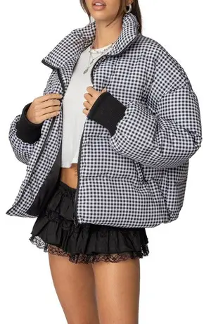 EDIKTED Gingham Oversize Quilted Puffer Jacket
