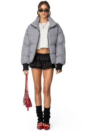 EDIKTED Gingham Oversize Quilted Puffer Jacket