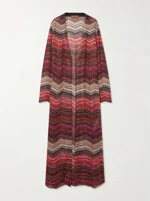Missoni Sequined Striped Metallic Crochet-knit Cardigan - Burgundy