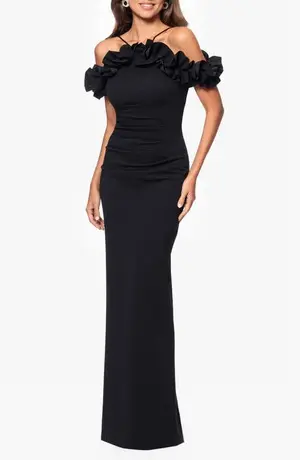 XSCAPE EVENINGS Ruffle Detail Body-con Gown