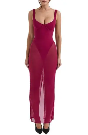 House Of Cb Robina Sheer Mesh Overlay Maxi Cocktail Dress - Beet Red
