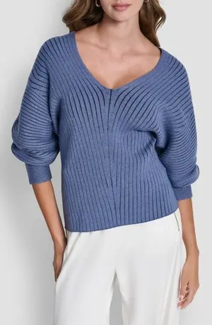 Dkny Transfer Rib V-neck Sweater - Liberty Sky/hudson Blue