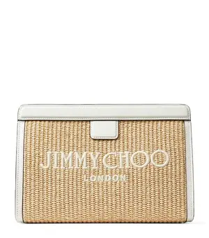 JIMMY CHOO Raffia Leather-trim Avenue Pouch - White