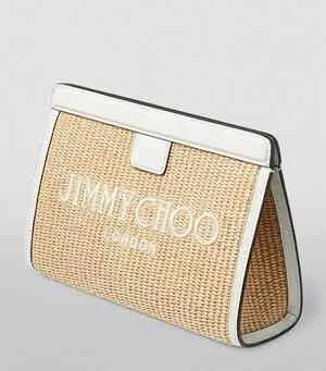 JIMMY CHOO Raffia Leather-trim Avenue Pouch - White