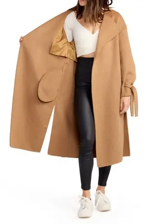 BELLE & BLOOM Collarless Belted Wool Blend Coat