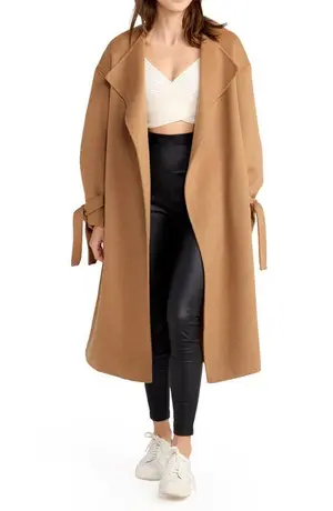 BELLE & BLOOM Collarless Belted Wool Blend Coat