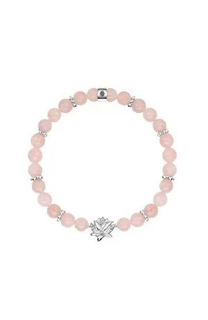 KARMA AND LUCK Rose Quartz Lotus Charm Beaded Bracelet - Pink/silver