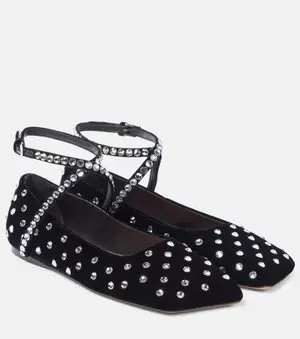 Amina Muaddi Ane Crystal Velvet Ballet Flats - Black