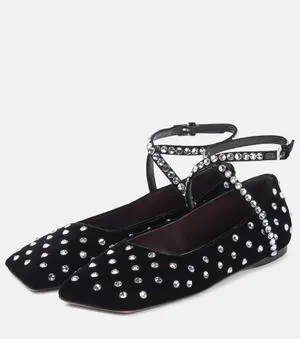 Amina Muaddi Ane Crystal Velvet Ballet Flats - Black