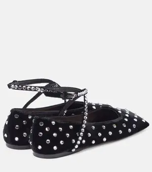 Amina Muaddi Ane Crystal Velvet Ballet Flats - Black