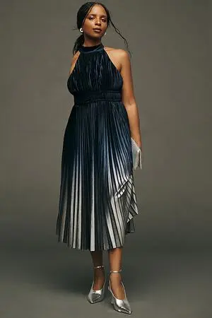 anthropologie halter v-neck fit & flare midi dress in blue DreamDress By PMN Ball Wedding Dress Gown Illusion Plunging Neck Floral Embellishment Beaded Bodice Off Shoulder Sleeves Chapel Train main image 1