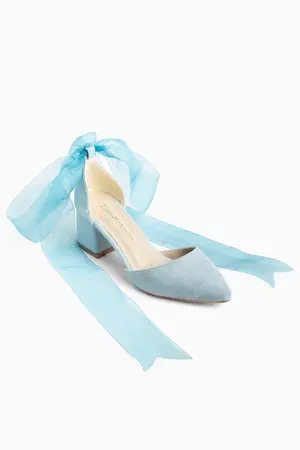 FOREVER & ALWAYS SHOES Forever & Always Shoes Fiona Low Block Heels With Ribbon Detailing Blue Suede