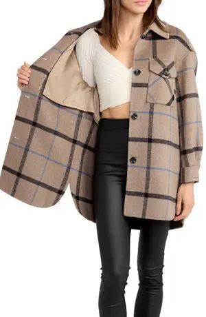 BELLE & BLOOM Belted Wool Blend Windowpane Check Shirt Jacket