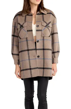 BELLE & BLOOM Belted Wool Blend Windowpane Check Shirt Jacket