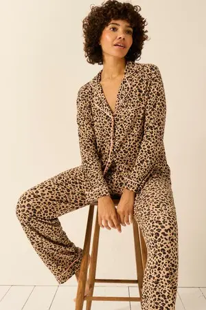 STRIPE & STARE Long Pyjama Set - Peach Latte Leopards