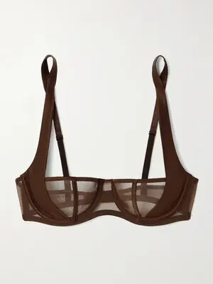Kiki De Montparnasse Illusion Silk-blend Satin-trimmed Tulle Underwired Balconette Bra - Brown