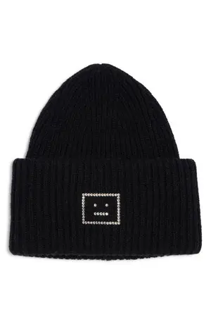 Acne Studios Pansy Crystal Face Wool Rib Beanie - Black
