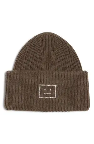 Acne Studios Pansy Crystal Face Wool Rib Beanie - Khaki Green