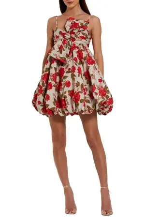 Mac Duggal Brocade Puff Mini Dress With Bow