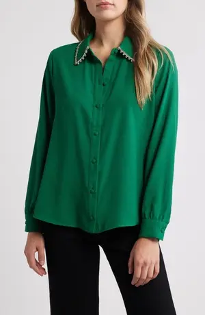 NIKKI LUND Sylvi Rhinestone Collar Shirt - Green