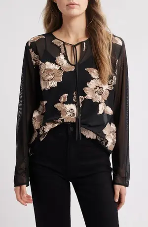 NIKKI LUND Frea Floral Tie Neck Blouse