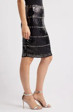 NIKKI LUND Dagny Stud Sequin Pencil Skirt