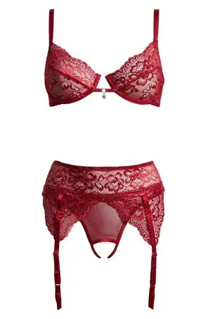 COQUETTE Lace Underwire Bra & Crotchless Garter Panty Set - Red