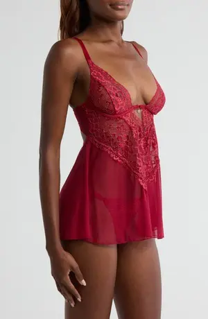 COQUETTE Floral Lace Babydoll Chemise & Thong Set