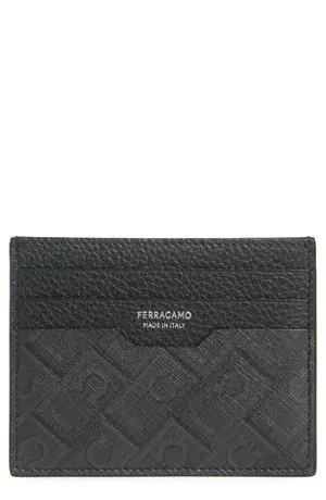 FERRAGAMO Gancio Monogram Leather Card Case - Nero/ Grigio