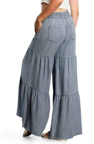 BILLY T Tiered Wide Leg Pants - Railroad Stripe Denim