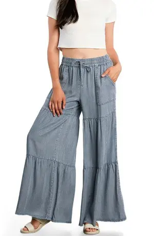 BILLY T Tiered Wide Leg Pants - Railroad Stripe Denim