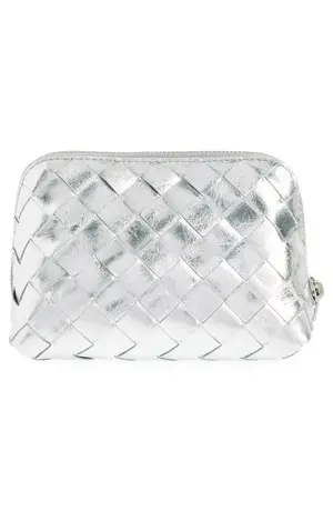 Bottega Veneta Intrecciato Metallic Leather Cosmetic Bag - Silver- Silver