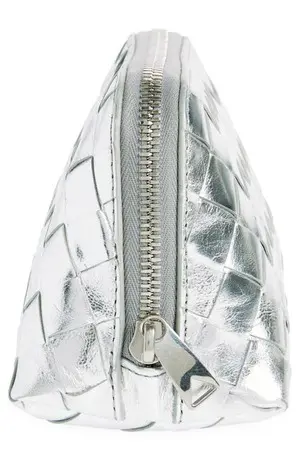 Bottega Veneta Intrecciato Metallic Leather Cosmetic Bag - Silver- Silver