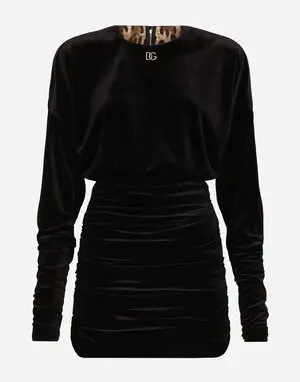 Dolce & Gabbana Draped Velvet Mini Dress With Dg Logo - Black