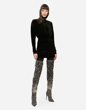 Dolce & Gabbana Draped Velvet Mini Dress With Dg Logo - Black