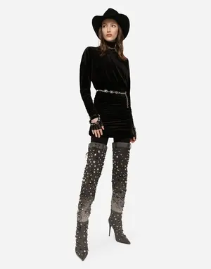Dolce & Gabbana Draped Velvet Mini Dress With Dg Logo - Black